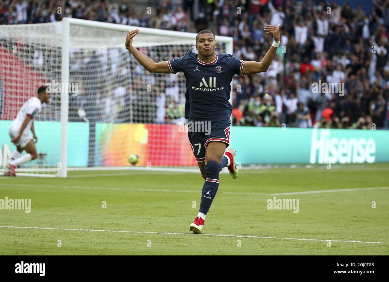 Kylian Mbappe of PSG celebrates his goal during the French championship ...