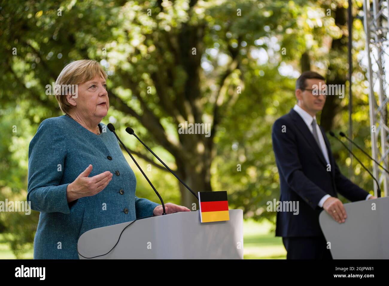 Warsaw, Poland. 11th Sep, 2021. Angela Merkel (L) speaks during a press ...