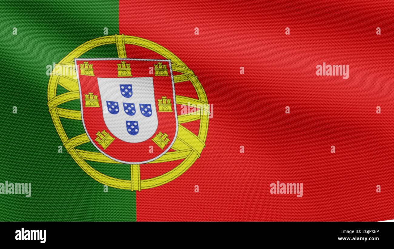 3D, Portuguese flag waving on wind. Close up of Portugal banner blowing ...