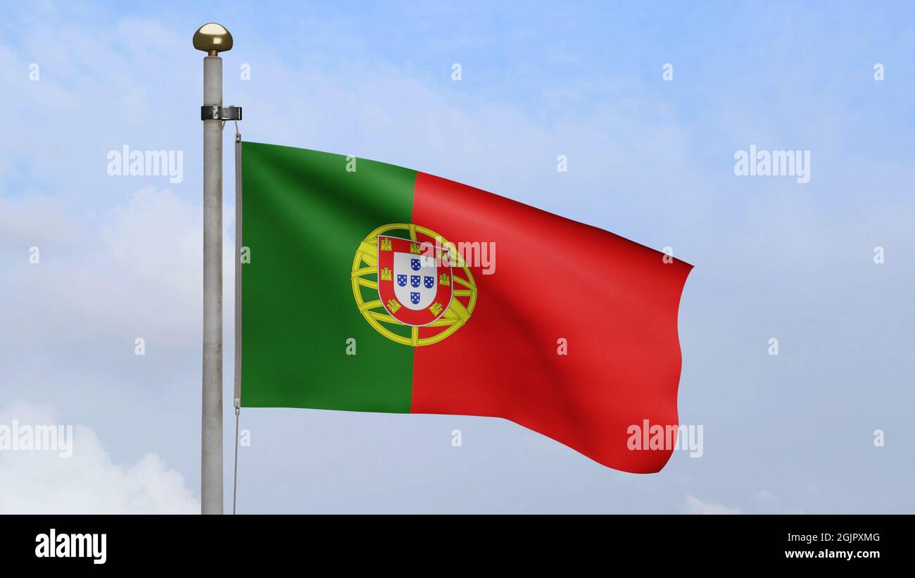 3D, Portuguese flag waving on wind with blue sky and clouds. Portugal ...