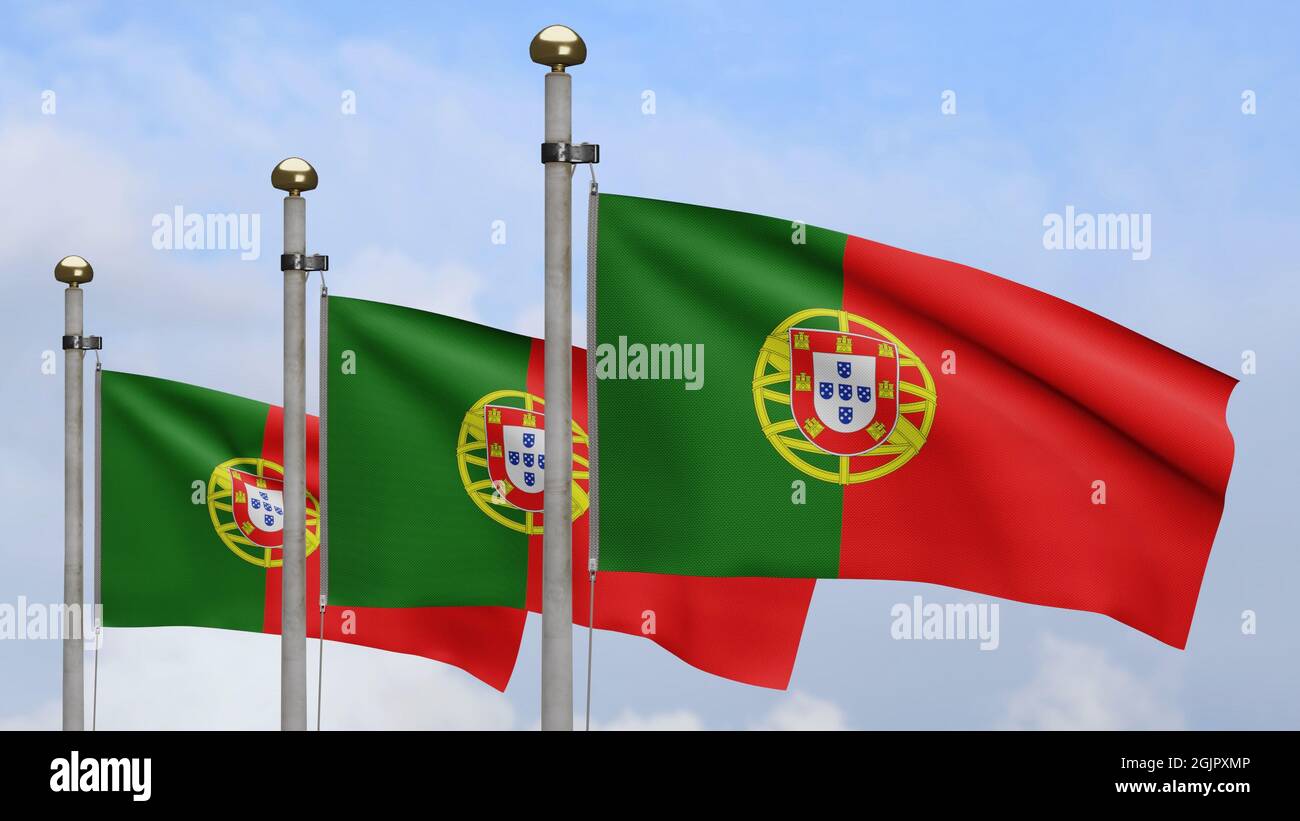 3D, Portuguese flag waving on wind with blue sky and clouds. Close up ...