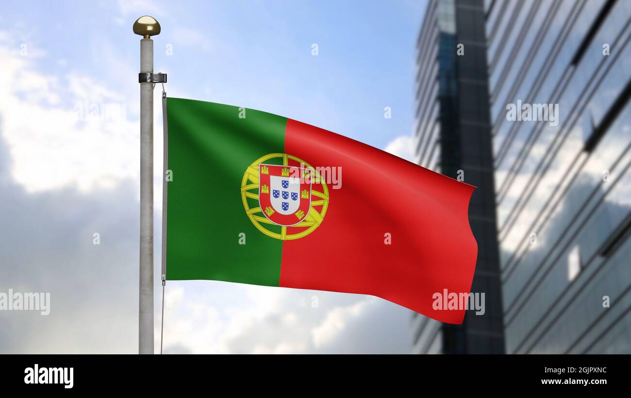 3D, Portuguese flag waving on wind with modern skyscraper city ...