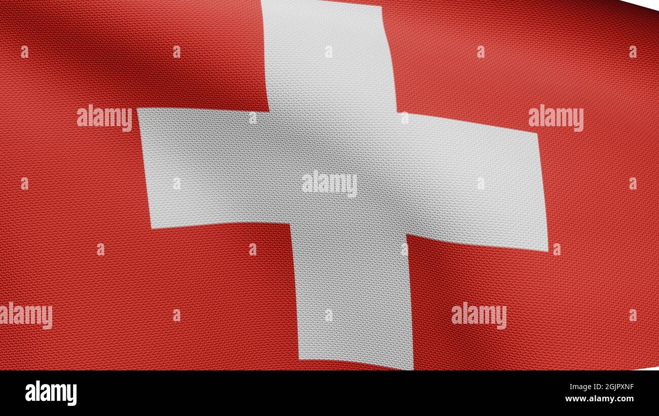 3D, Switzerland flag wavingon wind. Close up of Swiss banner blowing ...