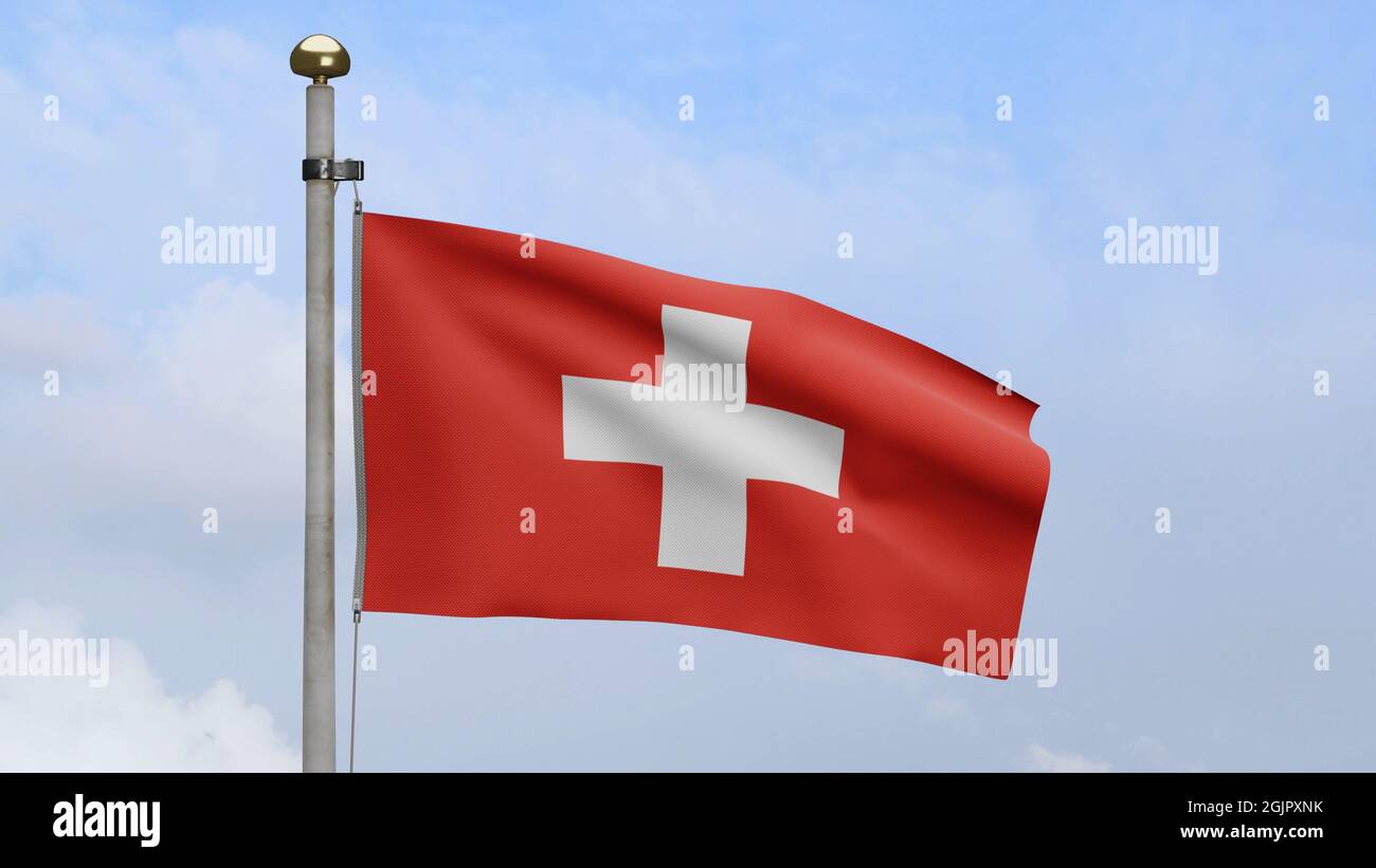 3D, Switzerland flag waving on wind with blue sky and clouds. Swiss ...