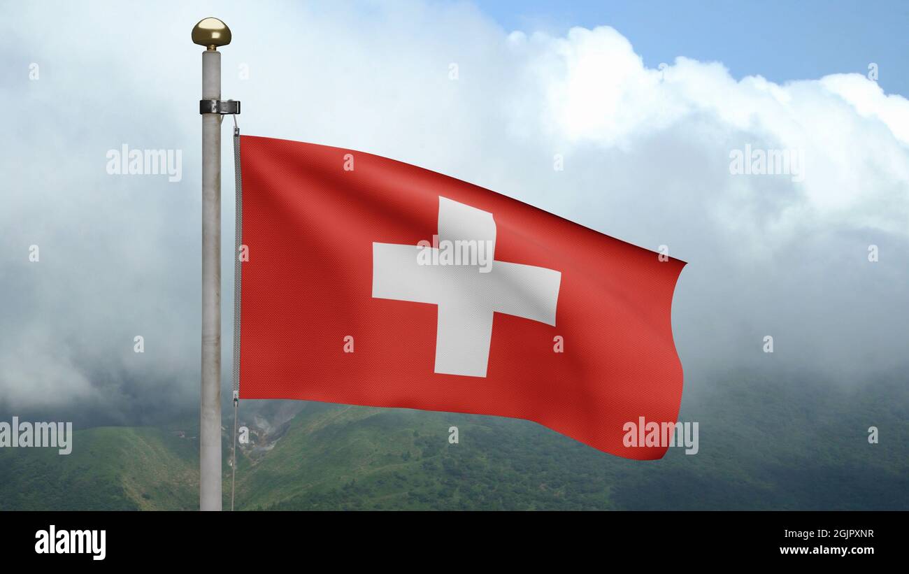 3D, Switzerland flag waving on wind at mountain. Swiss banner blowing ...