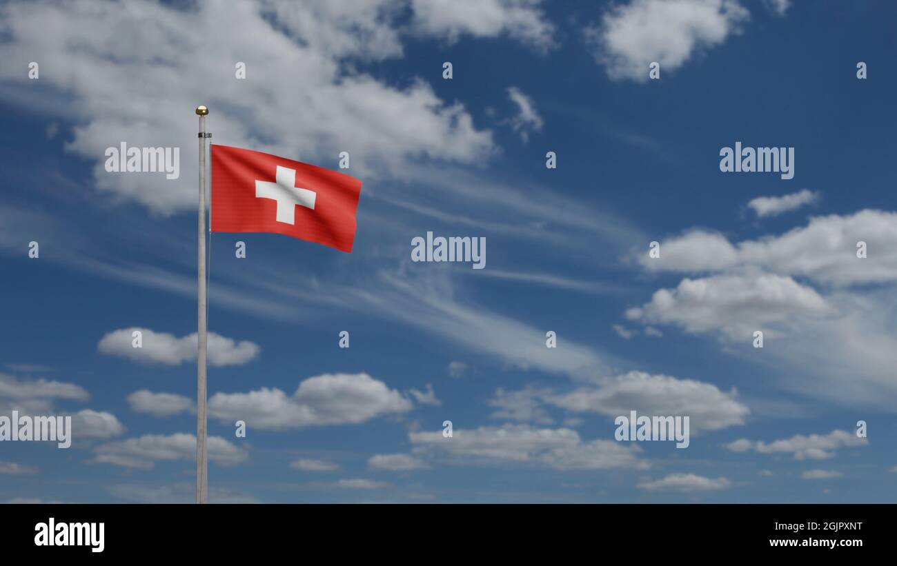 3D, Switzerland flag waving on wind with blue sky and clouds. Swiss ...