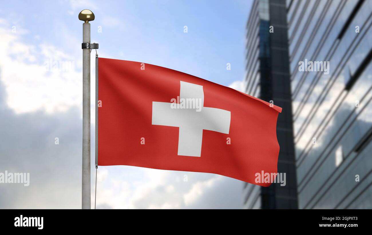 3D, Switzerland flag waving on wind with modern skyscraper city. Swiss ...