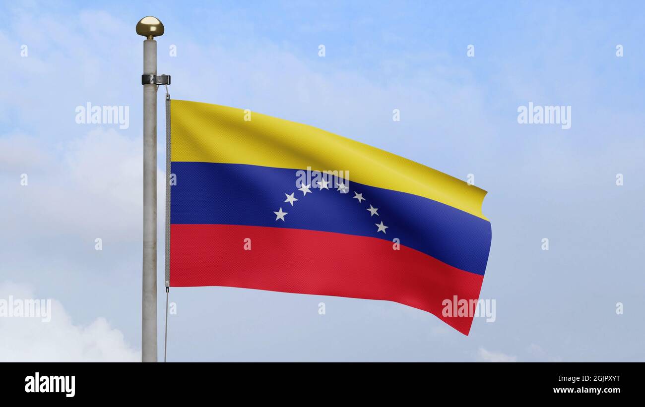 3D, Venezuelan flag waving on wind with blue sky and clouds. Venezuela ...