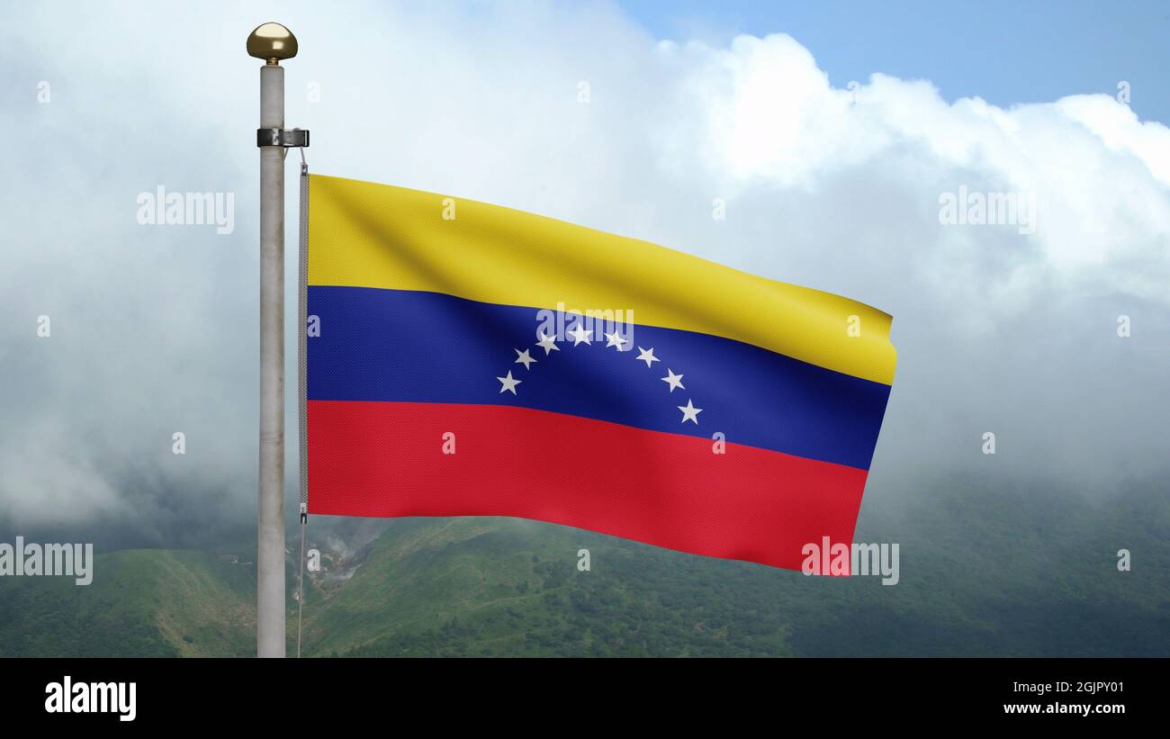 3D, Venezuelan flag waving on wind at mountain. Venezuela banner ...