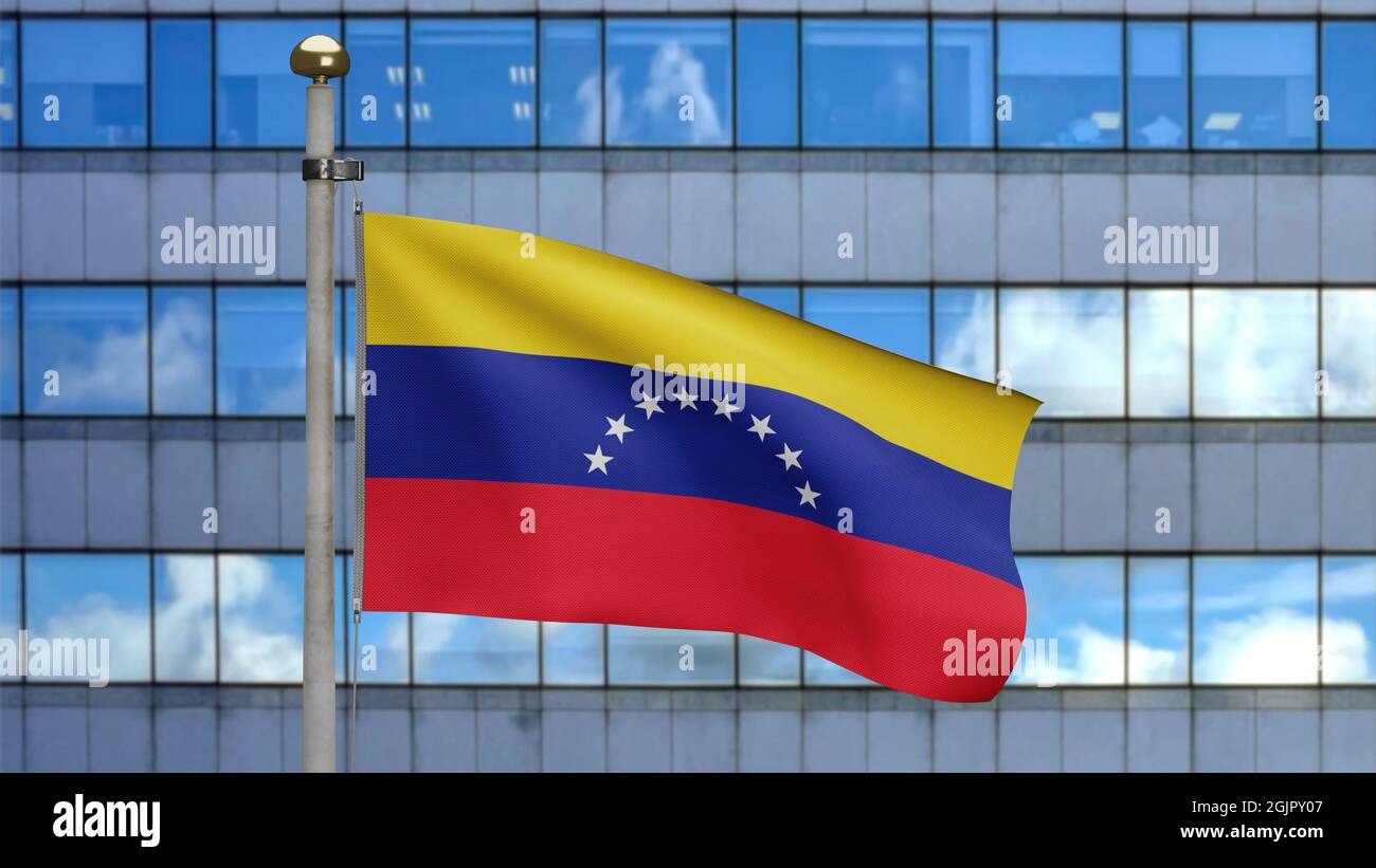 3D, Venezuelan flag waving on wind with modern skyscraper city. Close ...