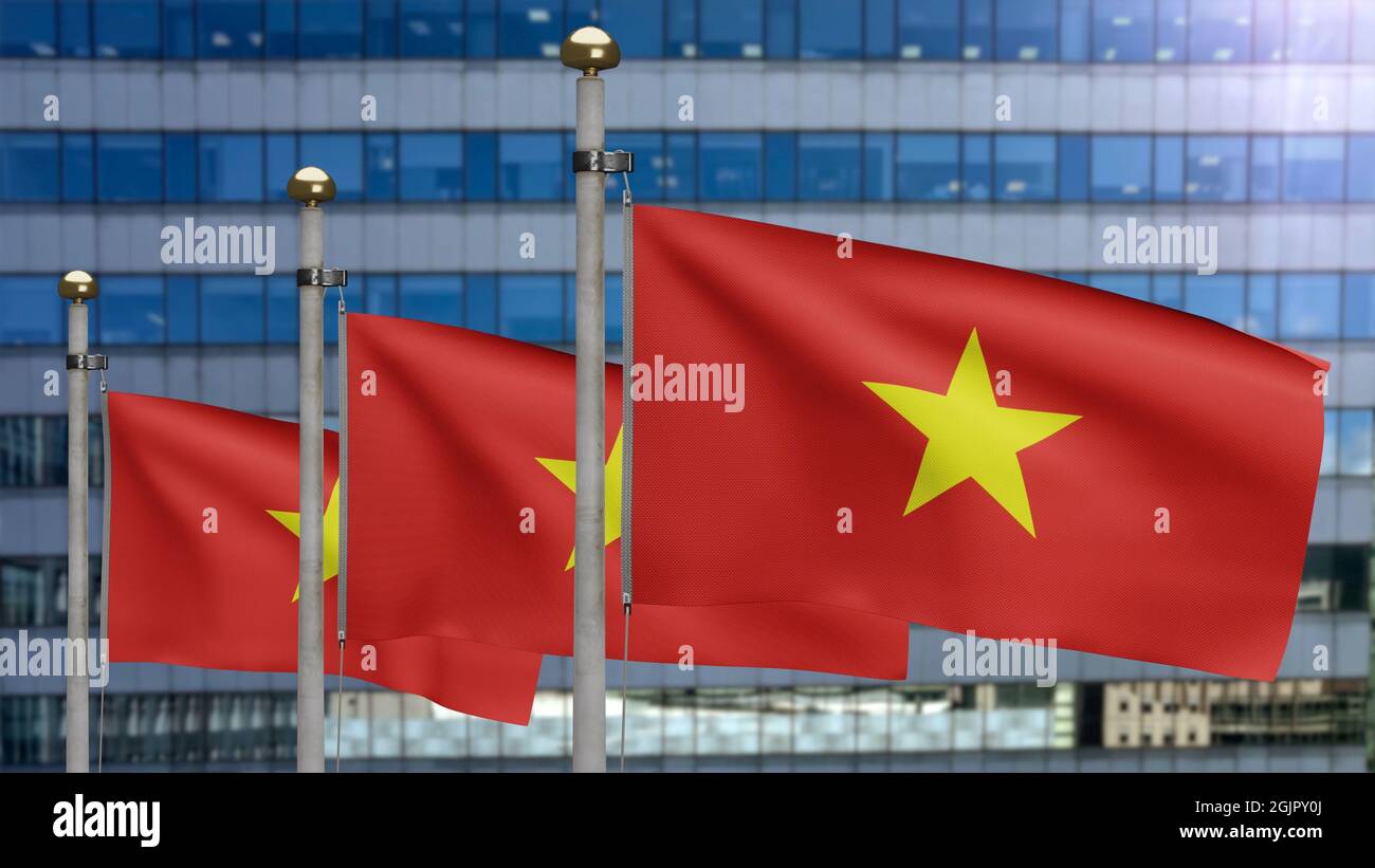 3D, Vietnamese flag waving on wind with modern skyscraper city. Vietnam ...