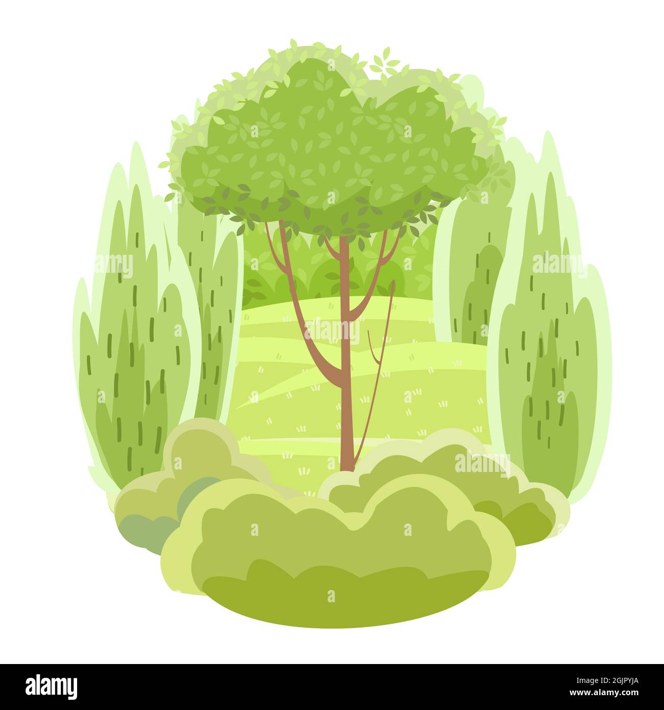 Amusing beautiful forest landscape. Cartoon style. Grass hills. Rural ...