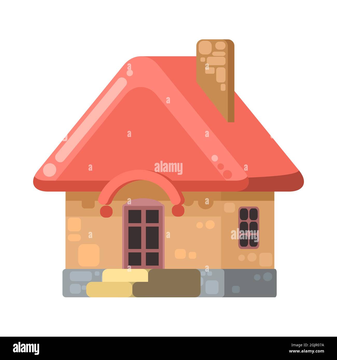 Small country house with orange walls and red roofs. Funny cartoon ...