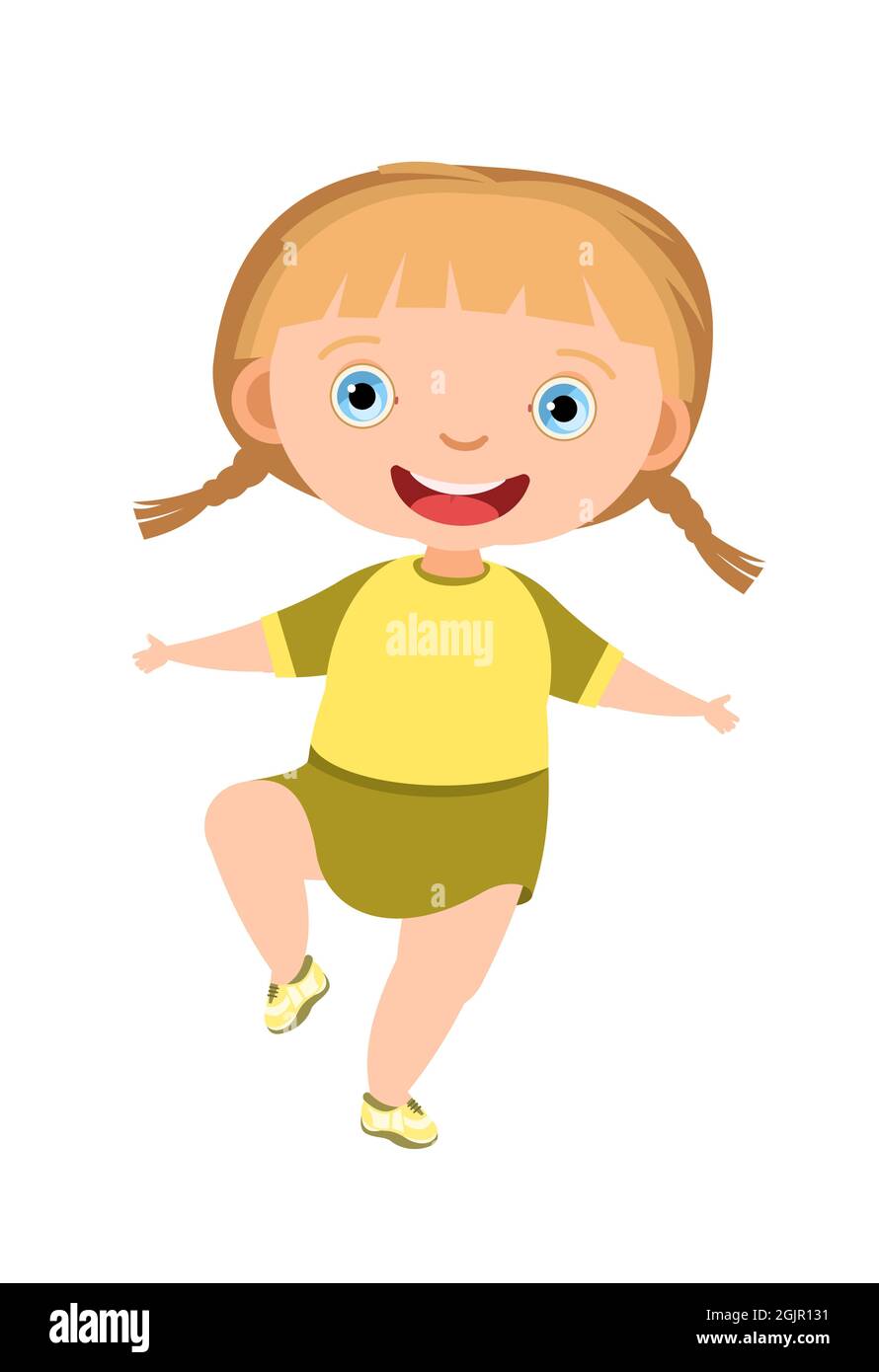 Child funny. Little girl. In yellow clothes. Kid jumps for joy ...