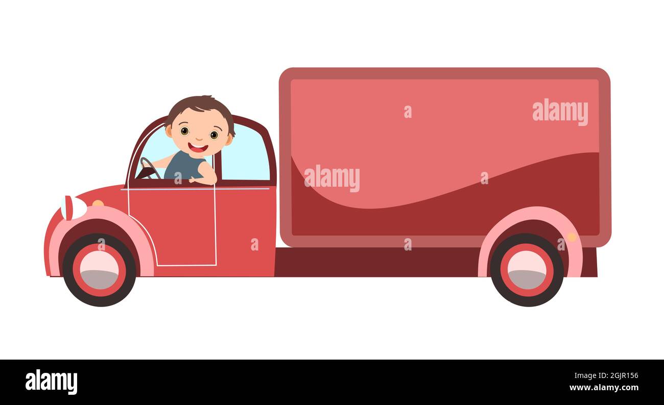 Childrens car. Kid rides on red modern cargo automobile. Toy vehicle ...