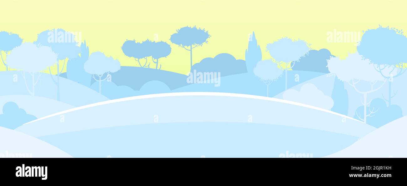 Rural winter. Snowy beautiful landscape. Morning. Cartoon style ...