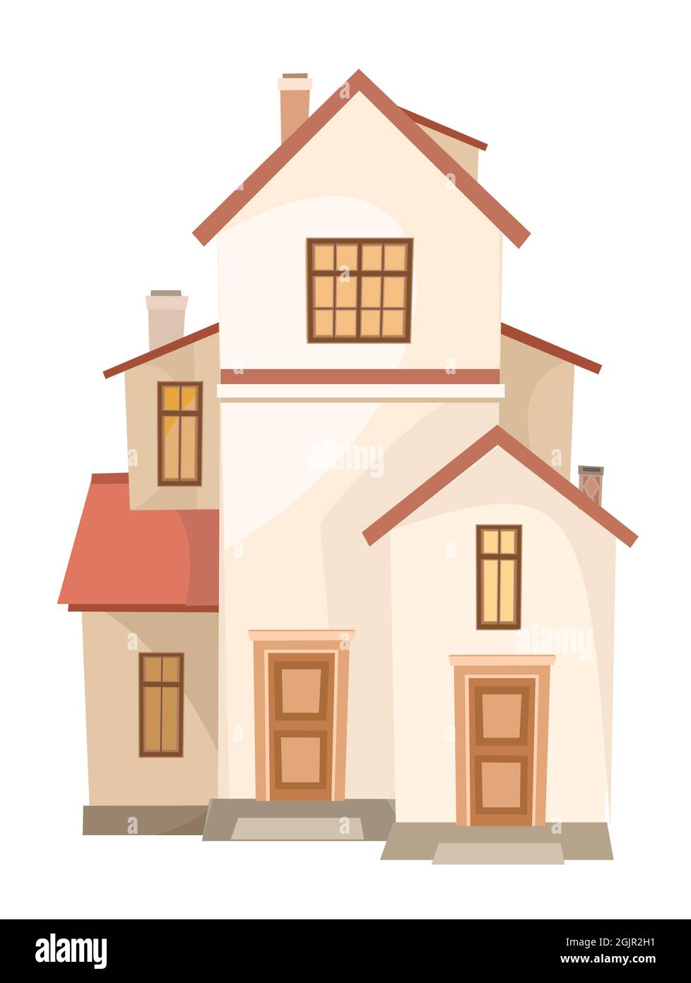 High cartoon house with an attic. Cozy simple rural dwelling in a ...