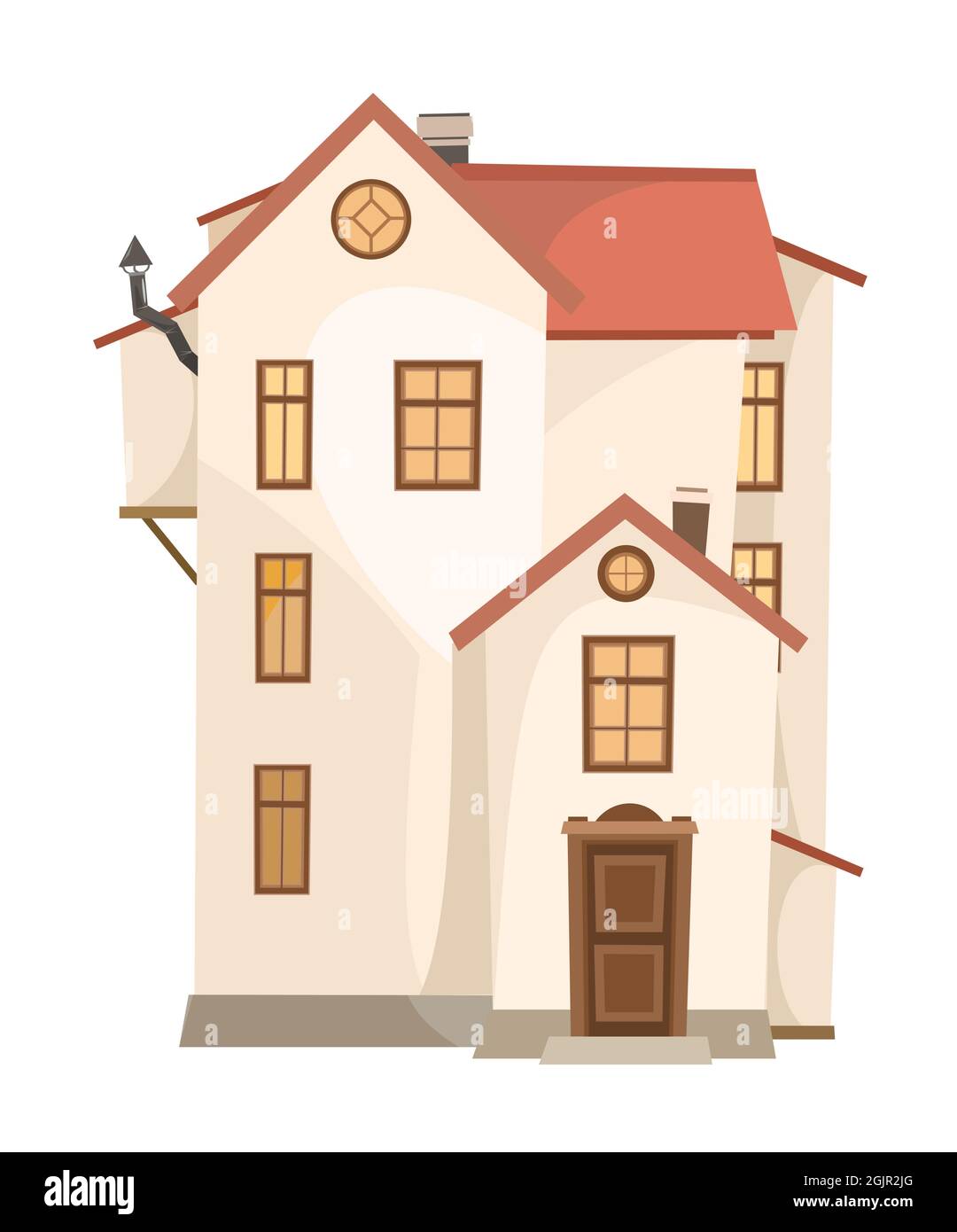 High cartoon house with a chimney. Cozy simple rural dwelling in a ...