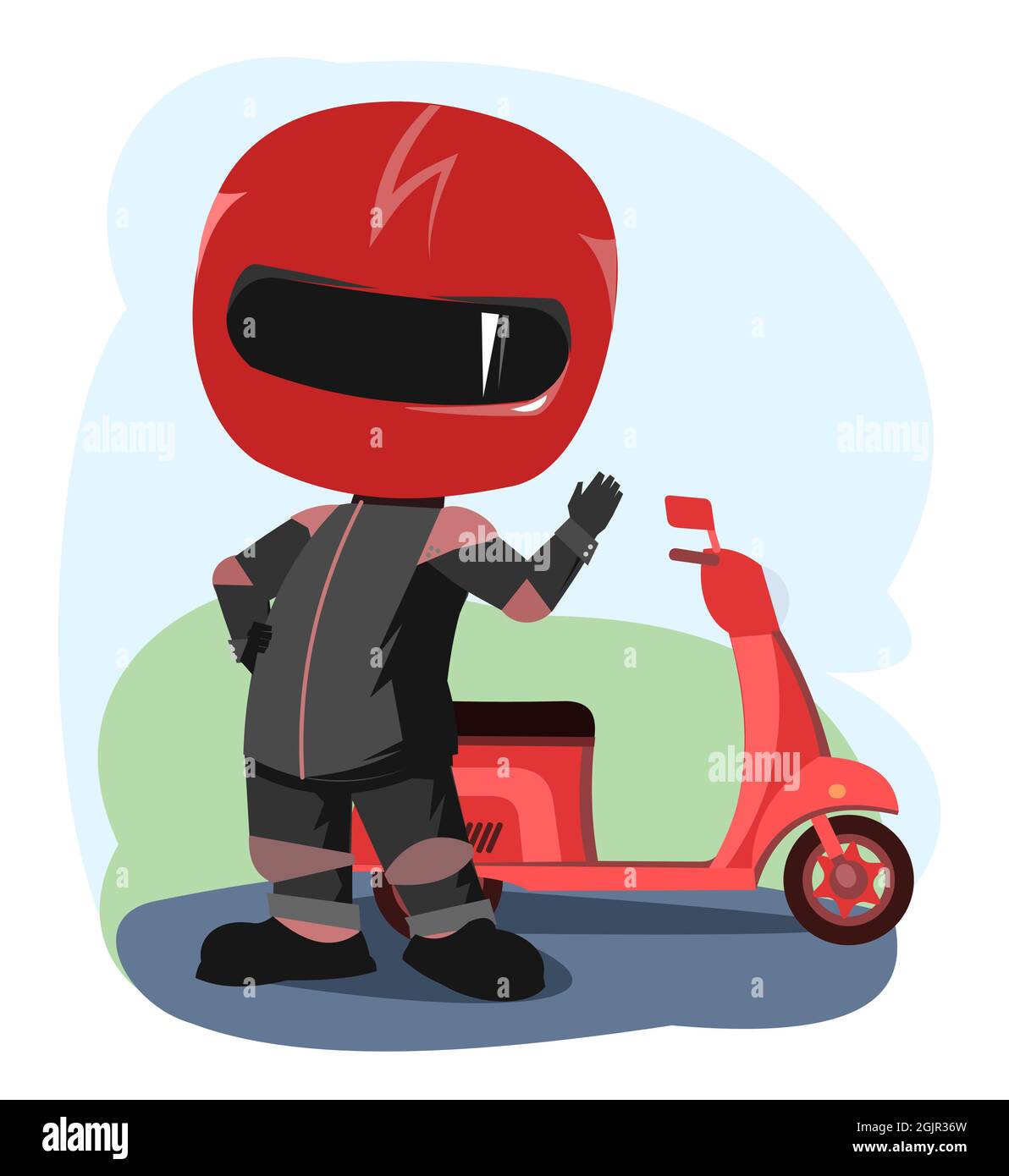 Scooter driver. Biker Cartoon. Child illustration. He waves his hand ...