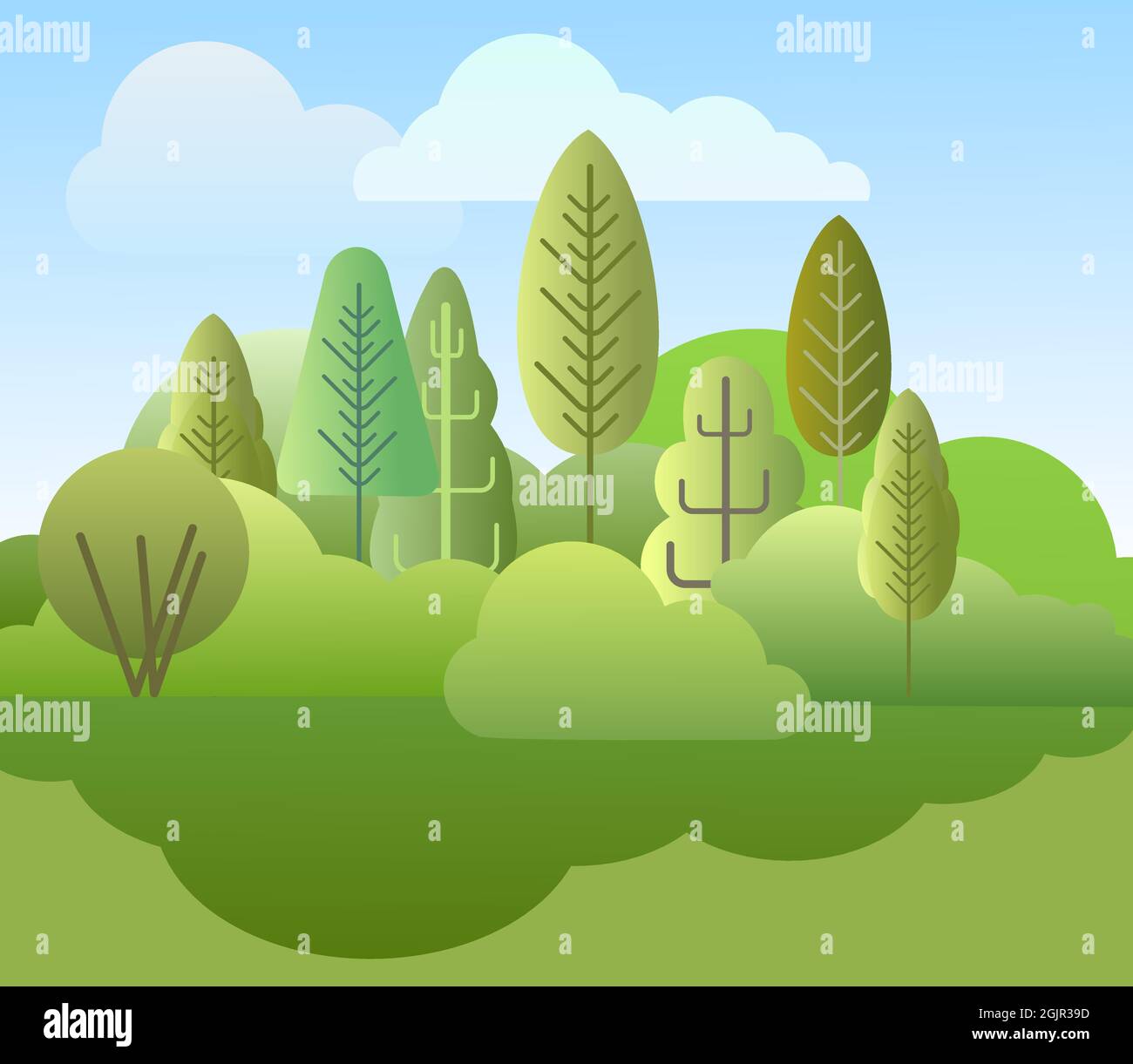 Forest landscape. Flat style symbolic illustration. Summer forest with ...