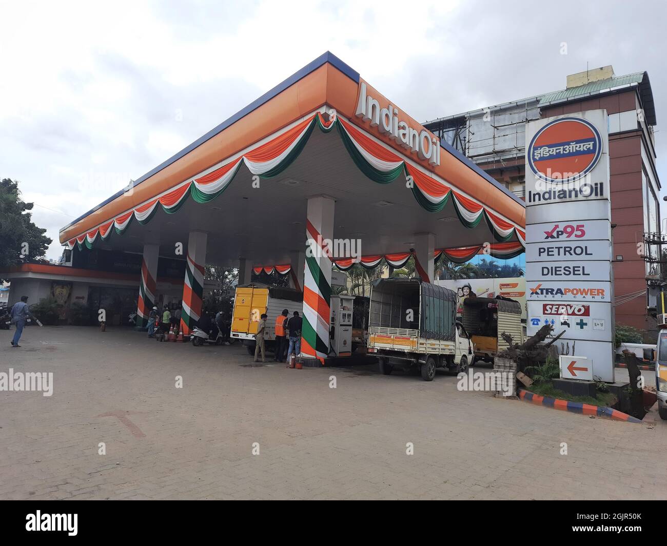 BANGALORE, INDIA - Aug 14, 2021: A view of an Indian Oil Petrol Bunk in ...