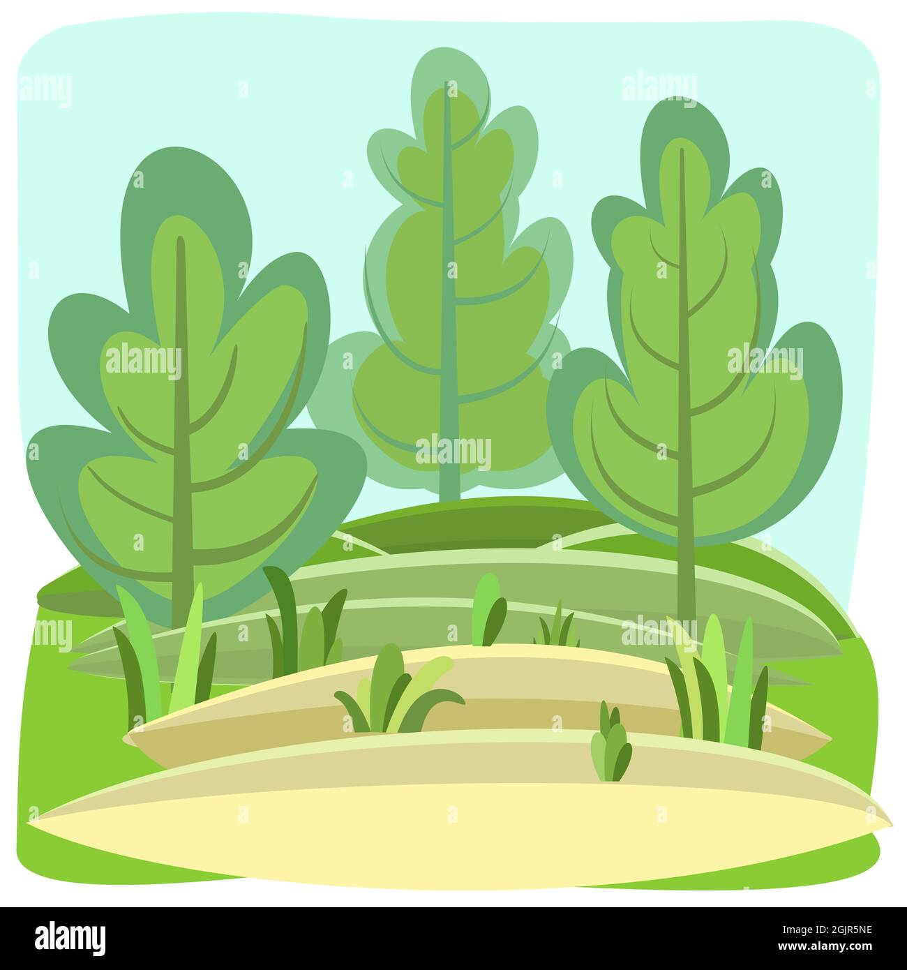 Flat forest. Illustration in a simple symbolic style. Sand. Funny green ...