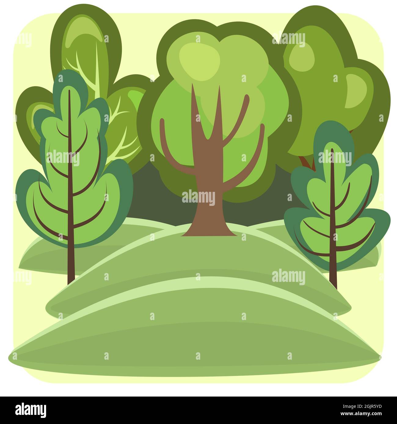 Flat forest. Illustration in a simple symbolic style. Hills. Funny ...