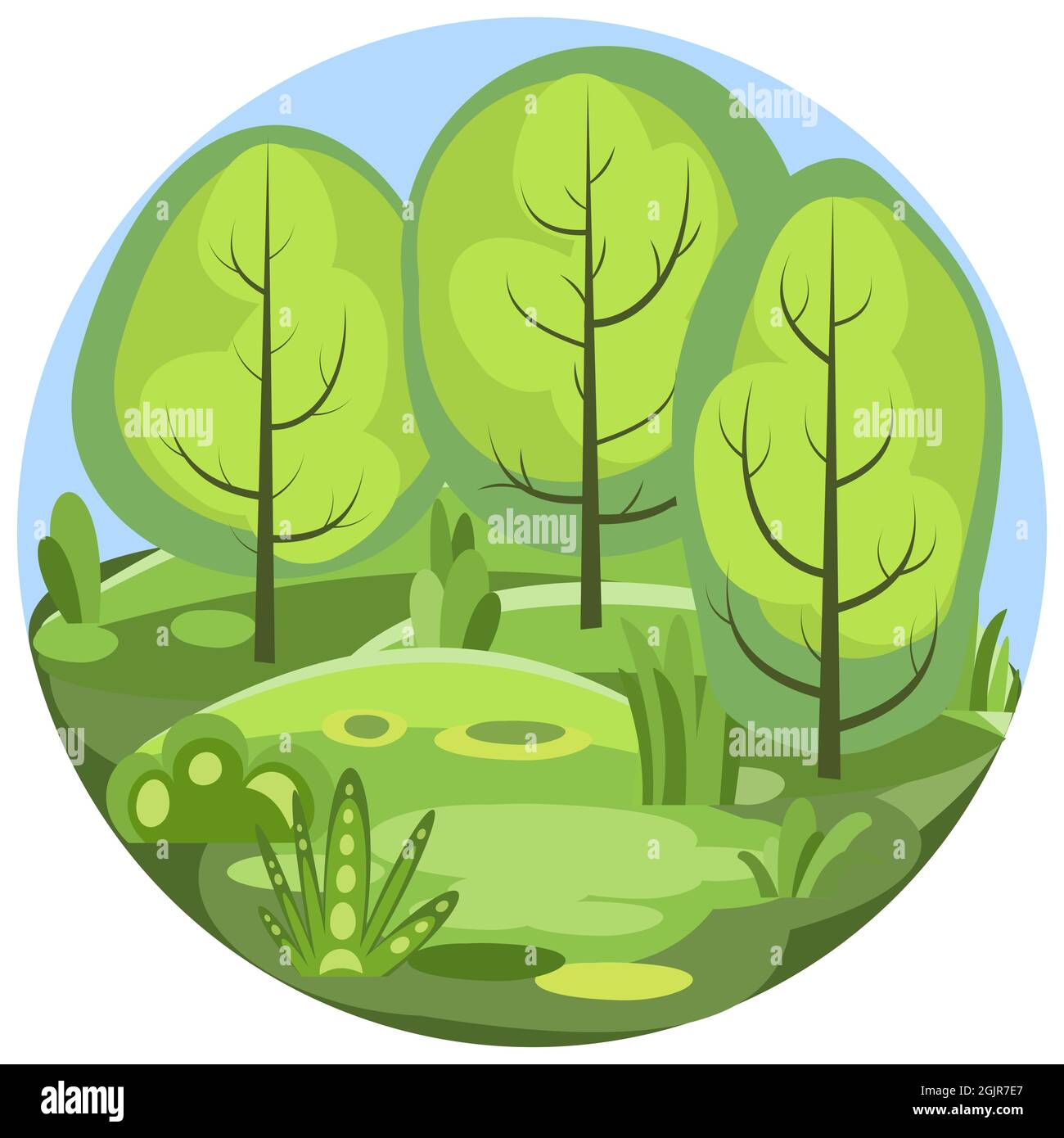Flat forest. Illustration round in a simple symbolic style. Funny green ...