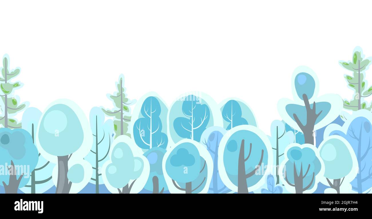 Flat winter forest. Beautiful frosty landscape, snow trees. Horizontal ...