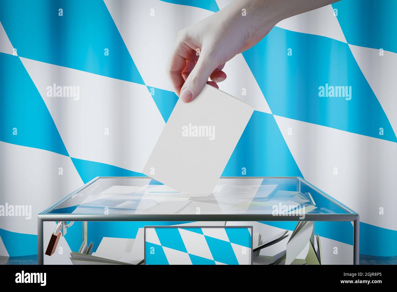 Bavaria flag, hand dropping ballot card into a box - voting/ election ...