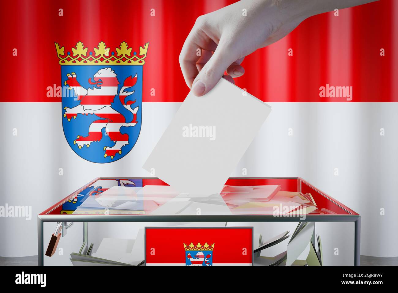 Hesse flag, hand dropping ballot card into a box - voting/ election in ...