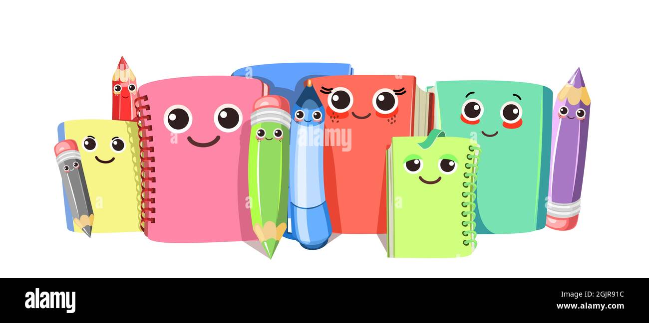 Books, notebooks and notepads. Pencils markers. Horizontal composition ...