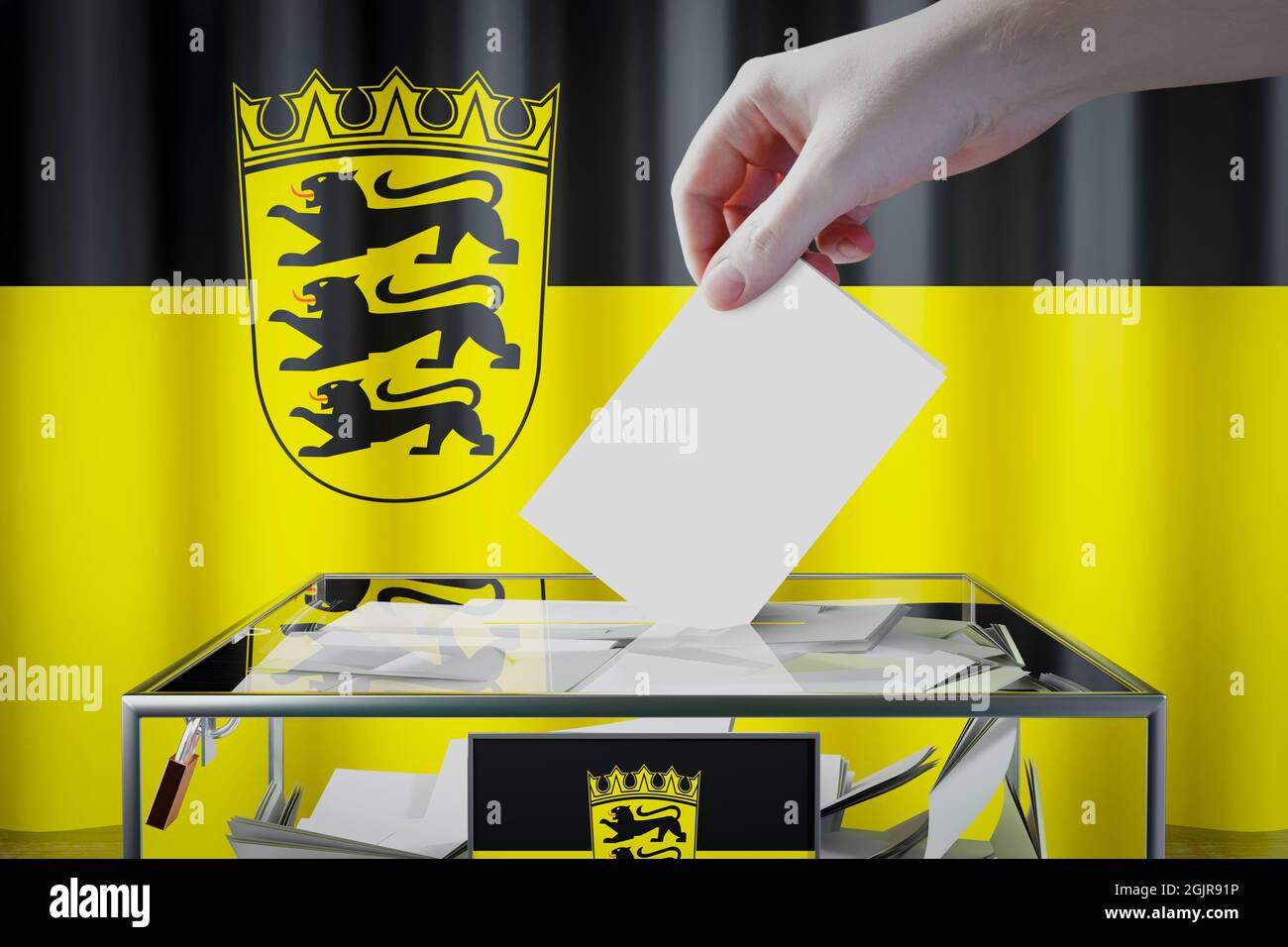 Baden-Wurttemberg flag, hand dropping ballot card into a box - voting ...