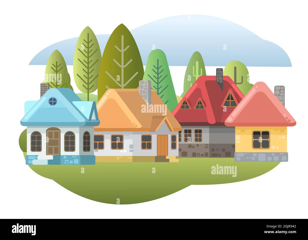 Fairy tale illustration for children. Small cozy rural houses. Funny ...