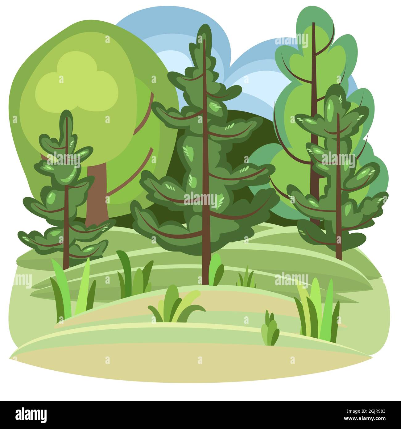 Flat forest. Illustration in a simple symbolic style. Funny pine green ...