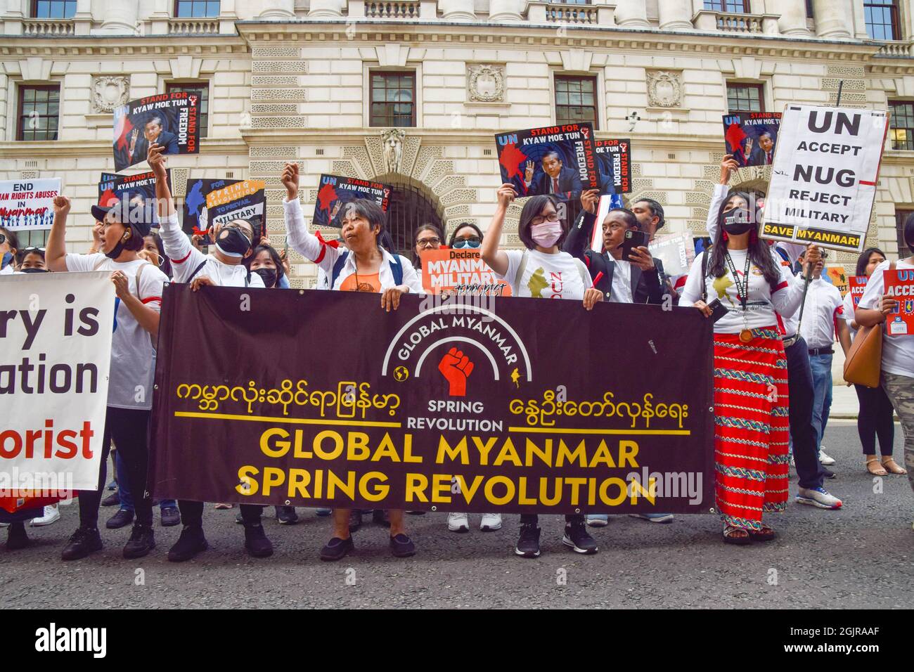 London, UK. 11th Sep, 2021. Protesters hold a 'Global Myanmar Spring ...