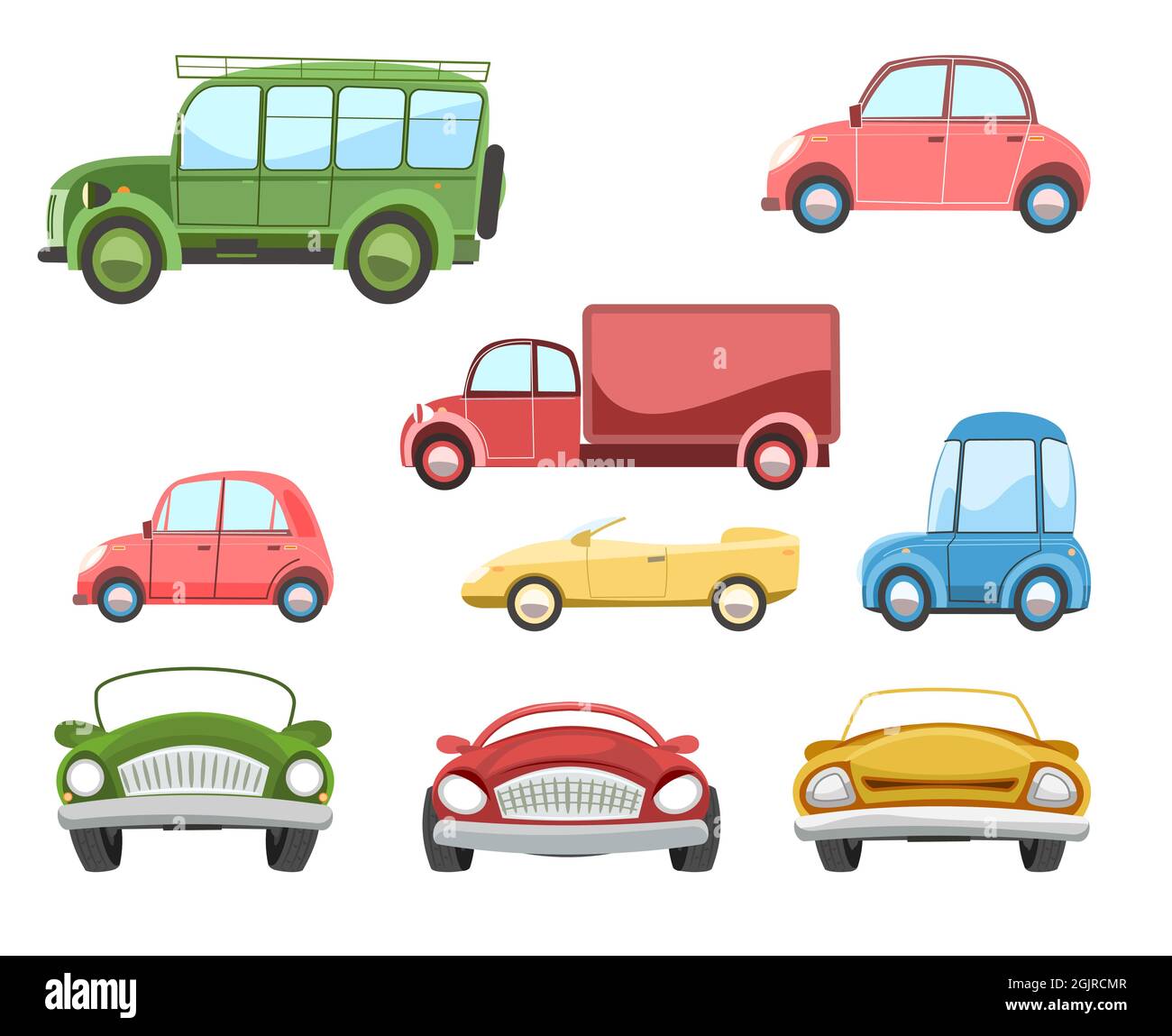 Set of cars. Cartoon comic in funny style. Side and front view ...