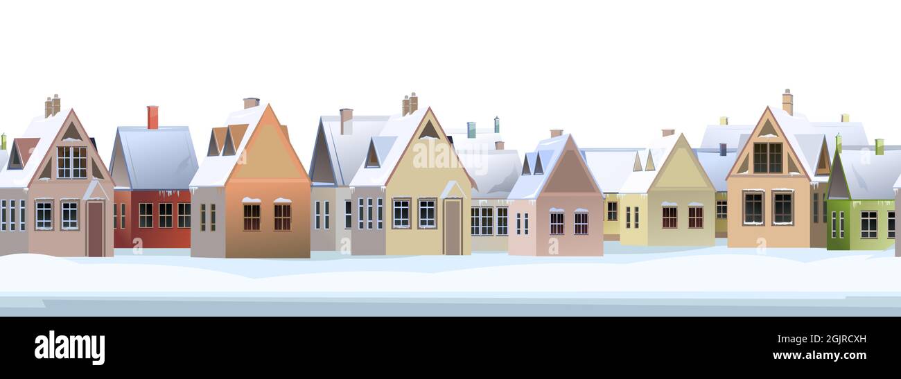 Winter street with snowdrifts. Rural houses. Quiet frosty day. Seamless ...