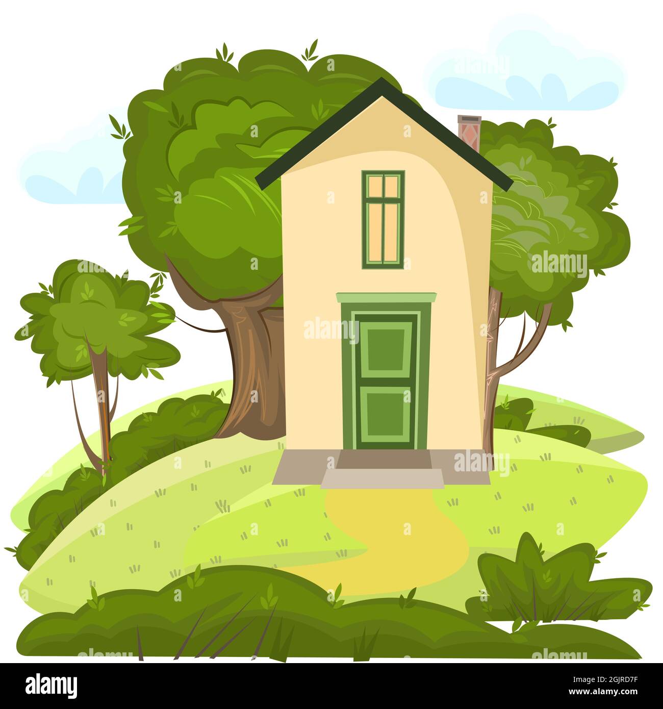 Cartoon house in the meadow. Hills. Cozy rustic dwelling in a ...