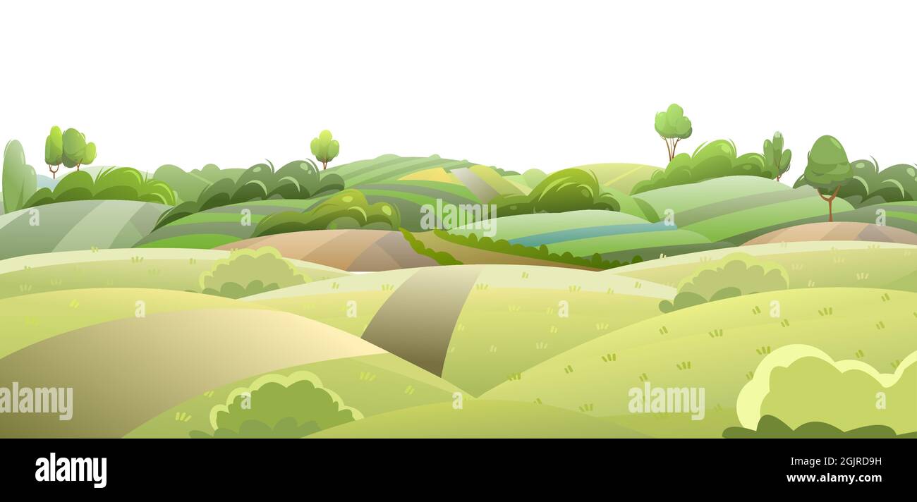 Rural hills and road. Farm cute landscape. Funny cartoon design ...