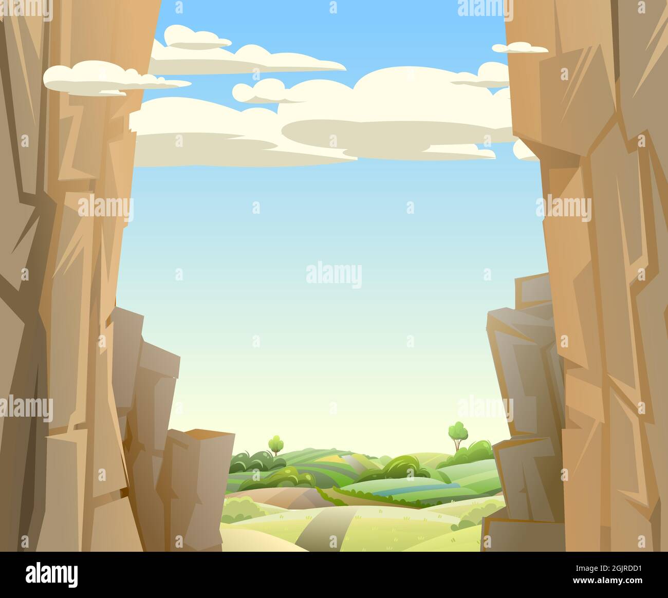 Mountain gorge. Frame composition. Rural hills with road. Stone rocky ...