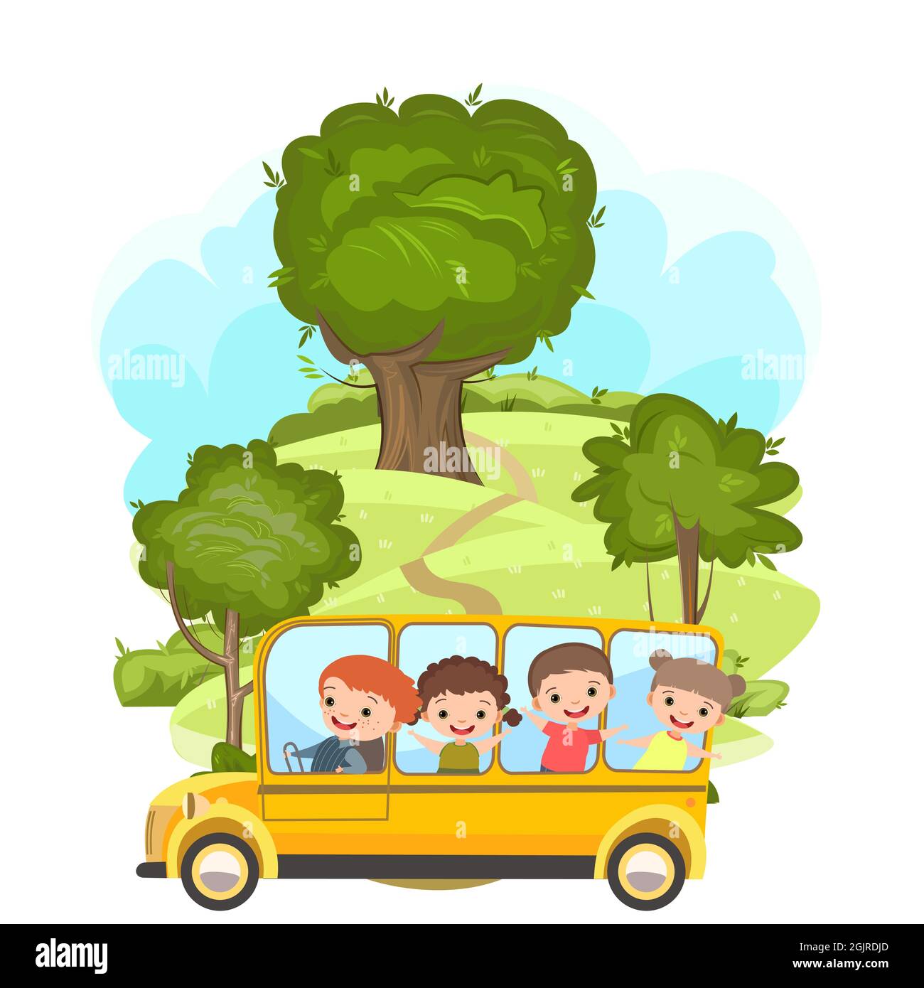Childrens adventure in small yellow bus. Kid drives pedal or electric ...