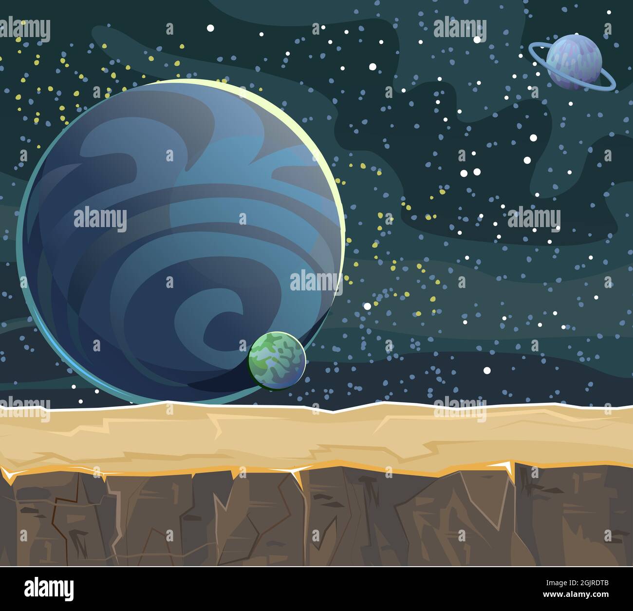 Cosmos background. Platform. Starry sky landscape. Planets. Flat style ...