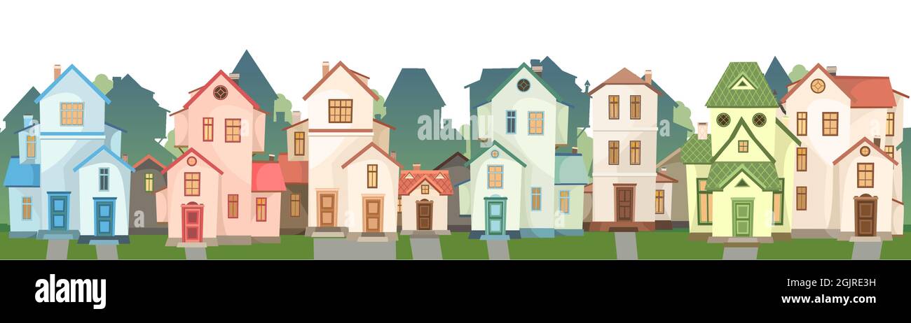 Street. Cartoon houses. Village or town. Seamless. A beautiful, cozy ...