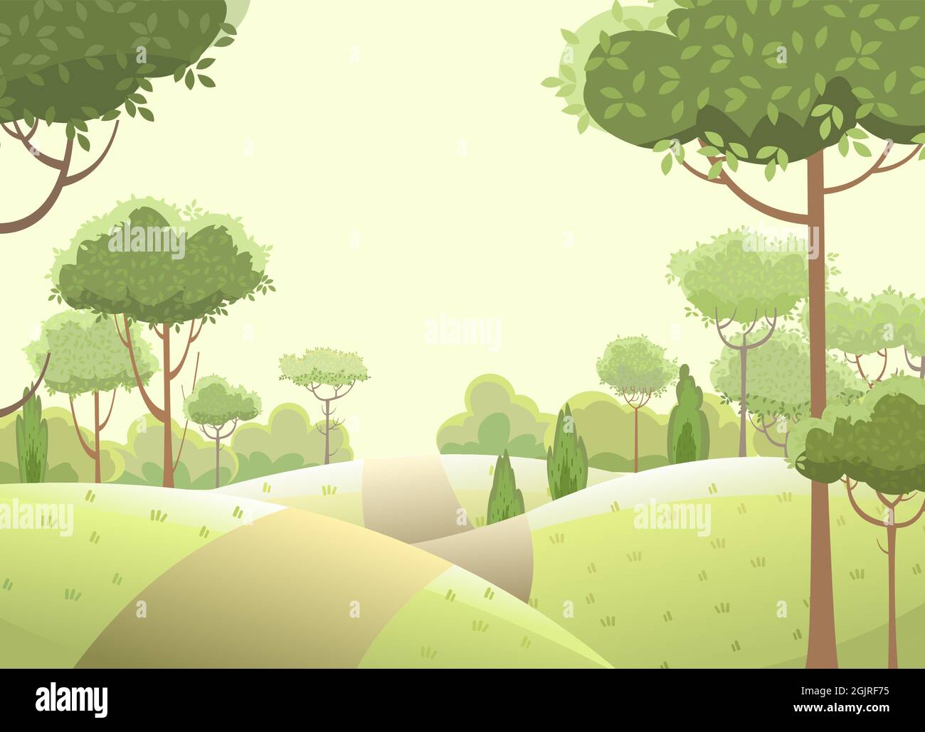 Road. Amusing beautiful forest landscape. Trail. Cartoon style. Leaves ...