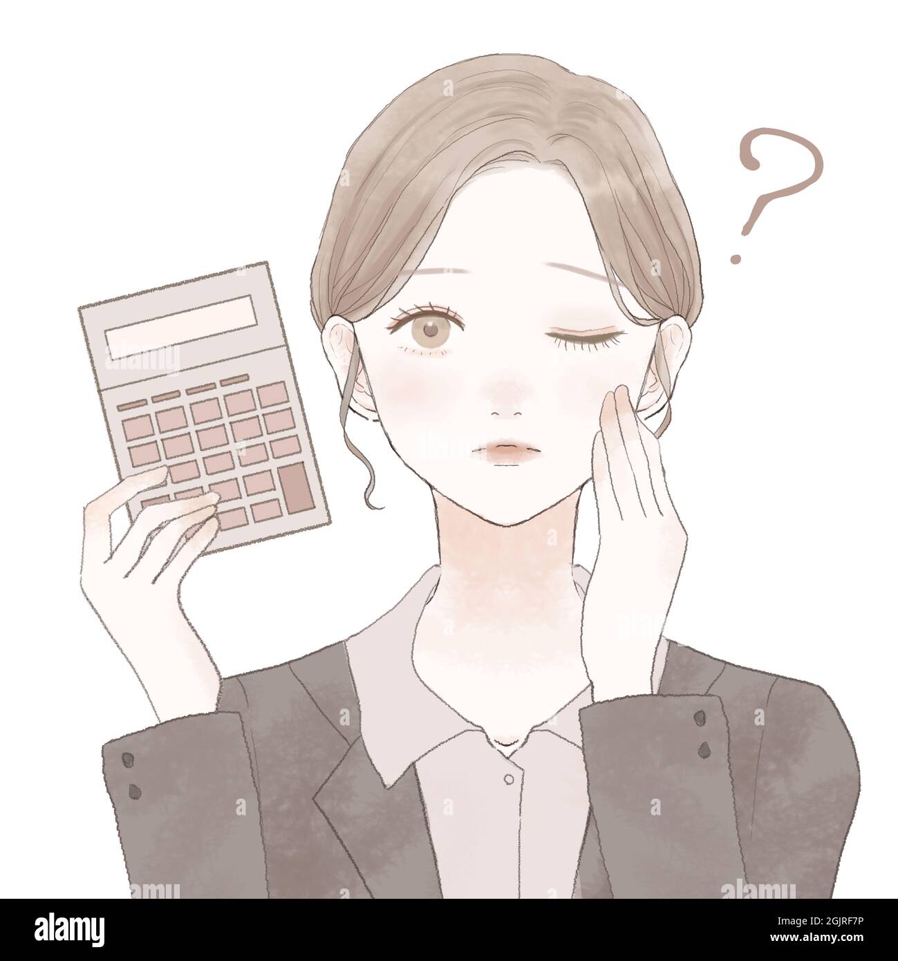 Female employee with calculator, questioning. On a white background ...