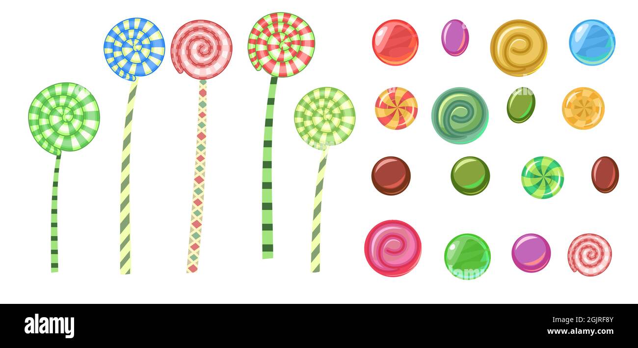 Set. Assorted dessert sweets. Candy caramel. Round stick lollipops ...