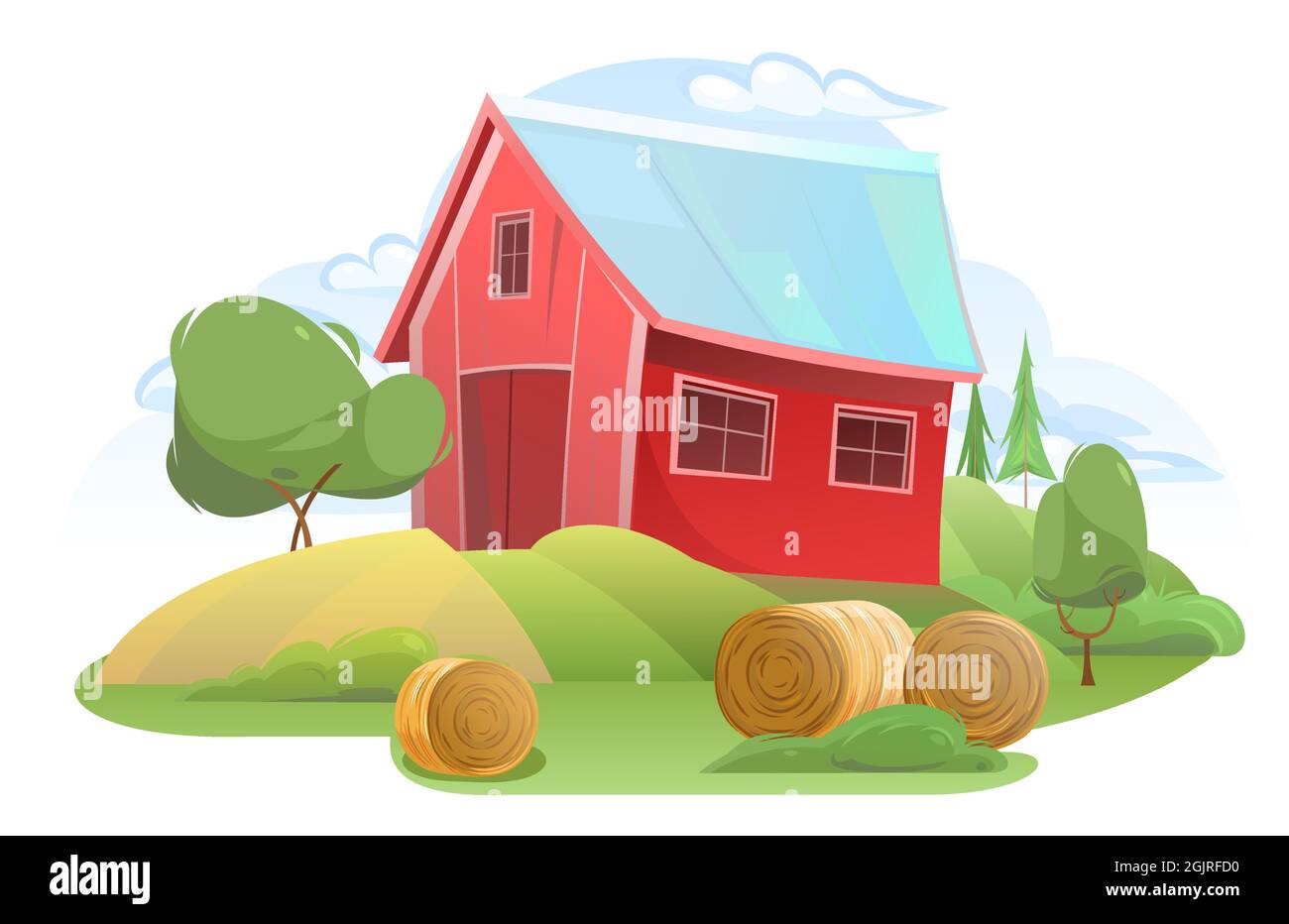 Red barn. Garden and rolling hills. Rural farm landscape with rolls of ...