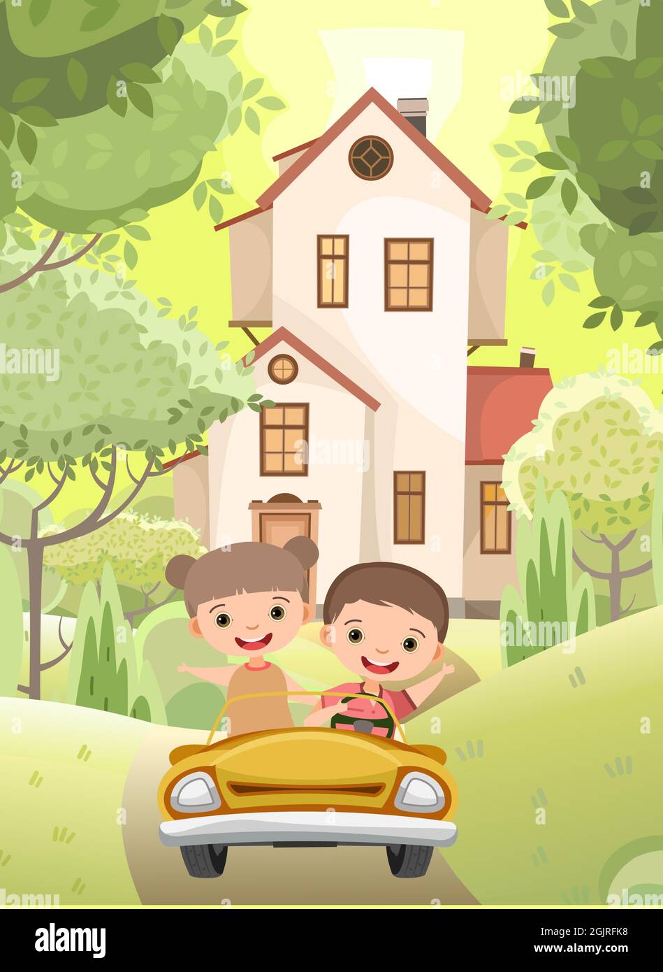 Kids goes on adventure in little car. Kid drives pedal or toy electric ...