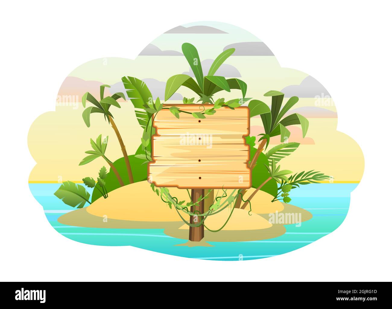 Square wooden sign. Sandy Island in the ocean. Cartoon style. Blue calm ...